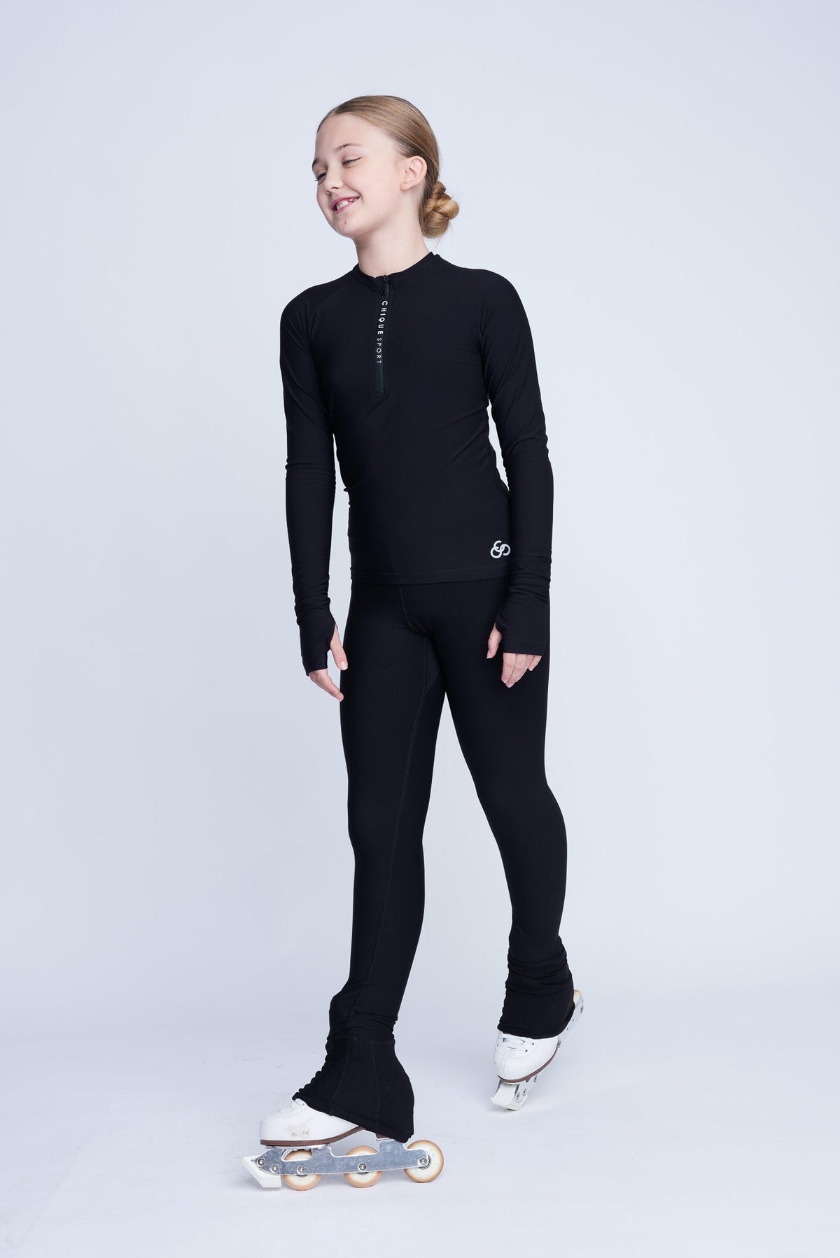 Girl's Figure Skating Half-Zip Top in Black | Chique Sport