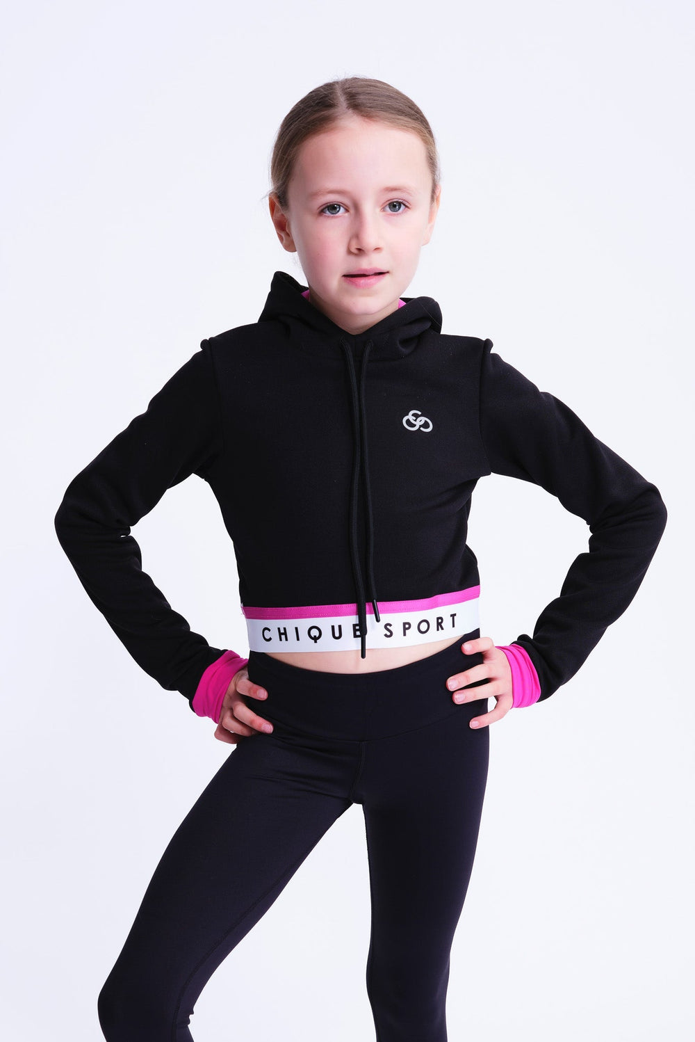 Girl's Crop Hoodie in Black & Fuchsia | Chique Sport