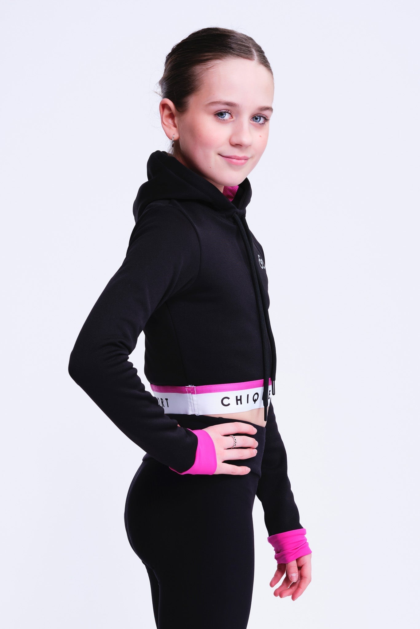 Girl's Crop Hoodie in Black & Fuchsia | Chique Sport